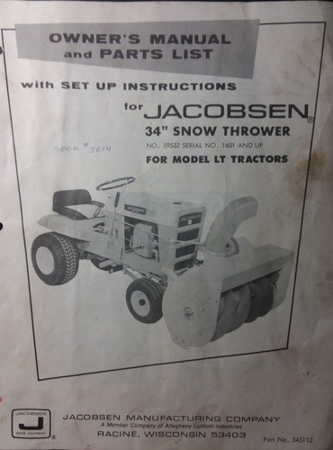 Jacobsen LT-700 860 750 Lawn Tractor Snow Thrower & PTO Owner & Parts ...