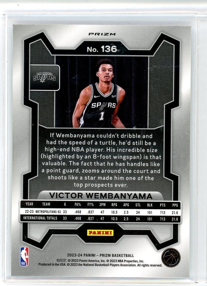2023-24 Panini Prizm #136 Victor Wembanyama RC Rookie Silver Prizm ...