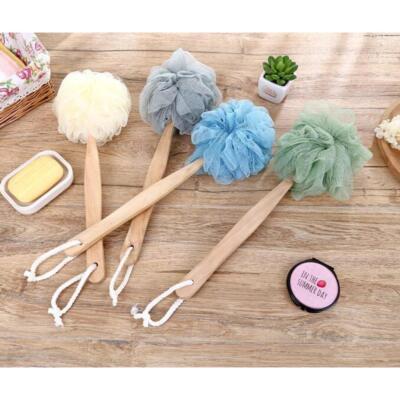Long Handle Wood Bath Shower Body Scrub Puff Scrunchie Back | eBay ...