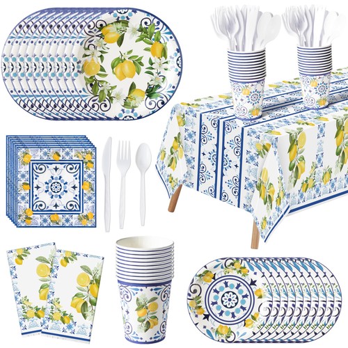 170Pcs Capri Lemon Party Supplies - Blue Tiles Yellow Lemon Party ...