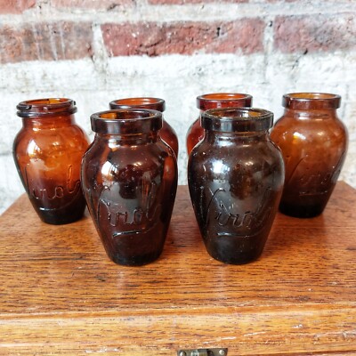Fab Antique Vintage Small Virol Amber Brown Glass Jars 4 Inches 10cm 6 ...