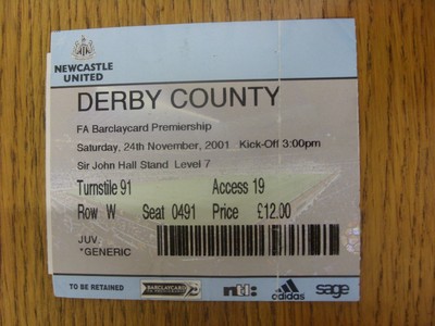 24/11/2001 Ticket: Newcastle United v Derby County (folded, creased ...