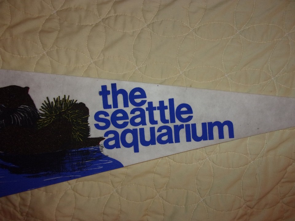 Vintage The Seattle Aquarium Blue White Black Otter Banner Pennant | eBay