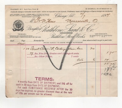 1894 RATHBONE SARD CO BILLHEAD ACORN STOVES FIRE POTS WABASH AVE ...