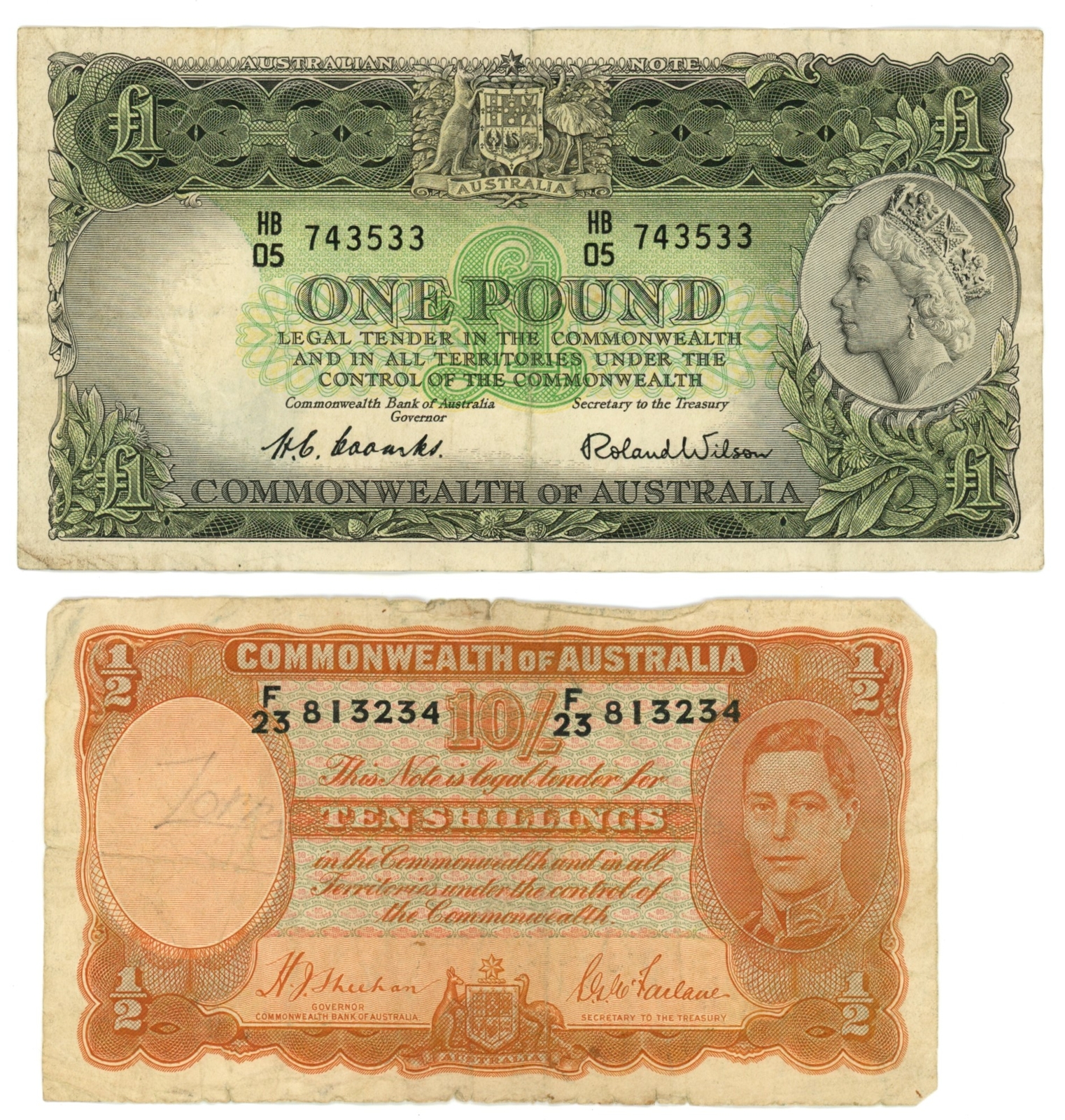 ND 2 pc Commonwealth of Australia Notes 10 shillings, 1 pound (L3045 ...