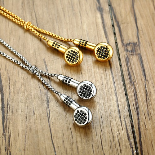 Stainless Steel Rhinestone Headset Pendant Gold Silver Necklace Men's ...