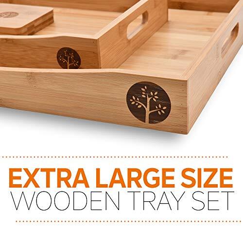 ING WOODEN SERVING TRAY SET OF 2 EXTRA LARGE TRAY WITH HANDLES 26" X 15 ...