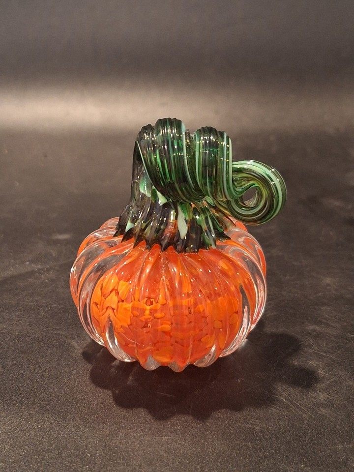 Pumpkin Art Glass Orange & Green Fall Halloween Thanksgiving Paperweight Decor | eBay