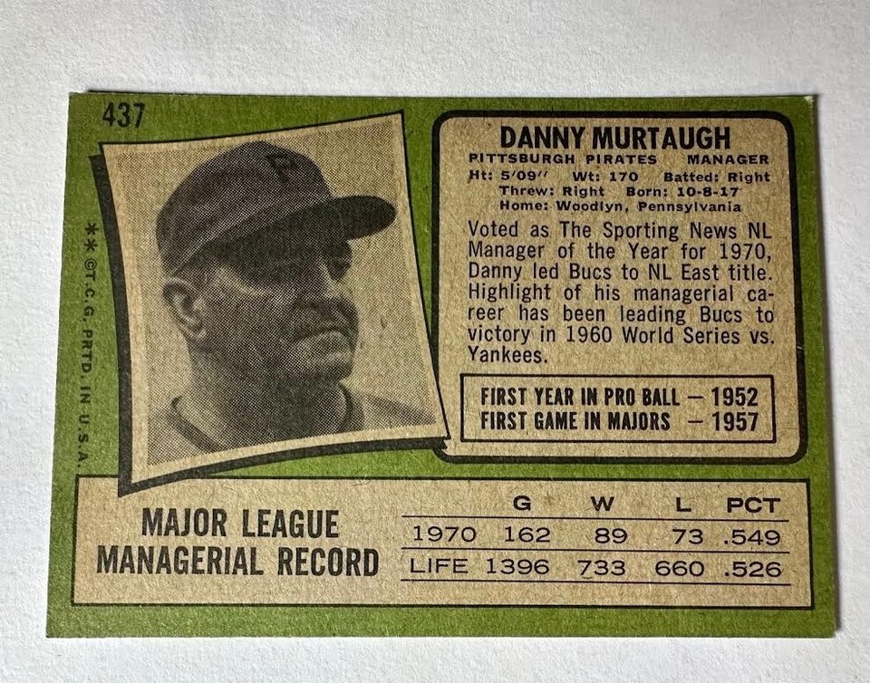 1971 Topps # 437 Danny Murtaugh Manager Pittsburgh Pirates EX-NM | eBay