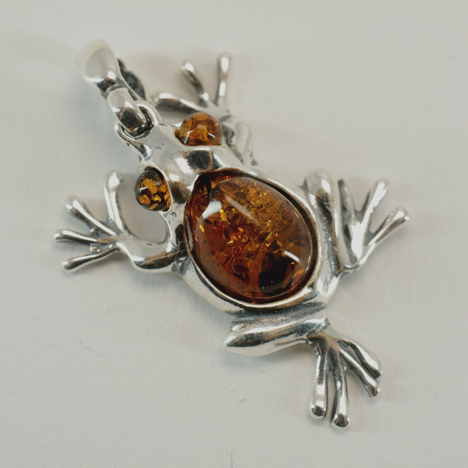 Natural, Cognac / Brown, BALTIC AMBER Frog Pendant, 925 STERLING SILVER ...