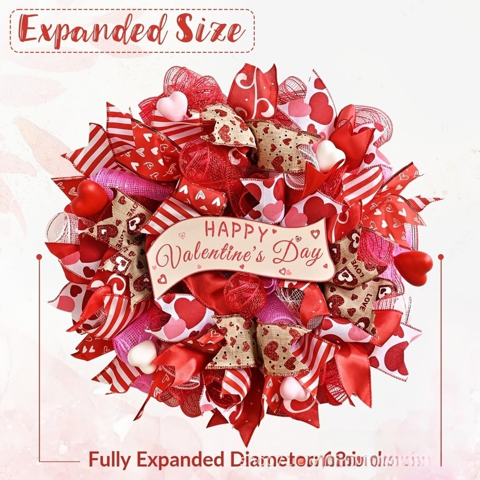 Romantic Present Heart Ribbon Wreath Handcrafted Simulation Silk Net ...