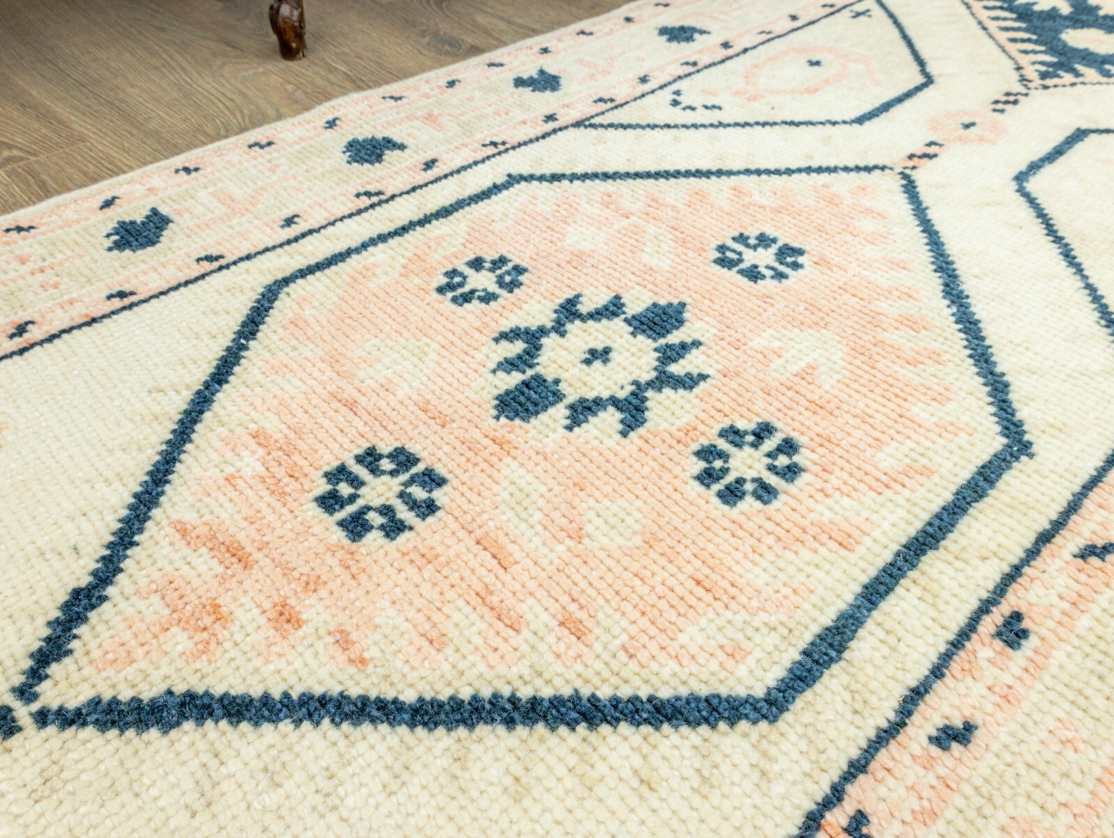 Farmhouse style Turkish runner-Oushak rug in cream, blue and pink 2 ...
