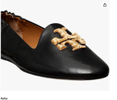 Brand New Tory Burch Women sz 6 Black Leather Eleanor Logo Buckle Flats ...