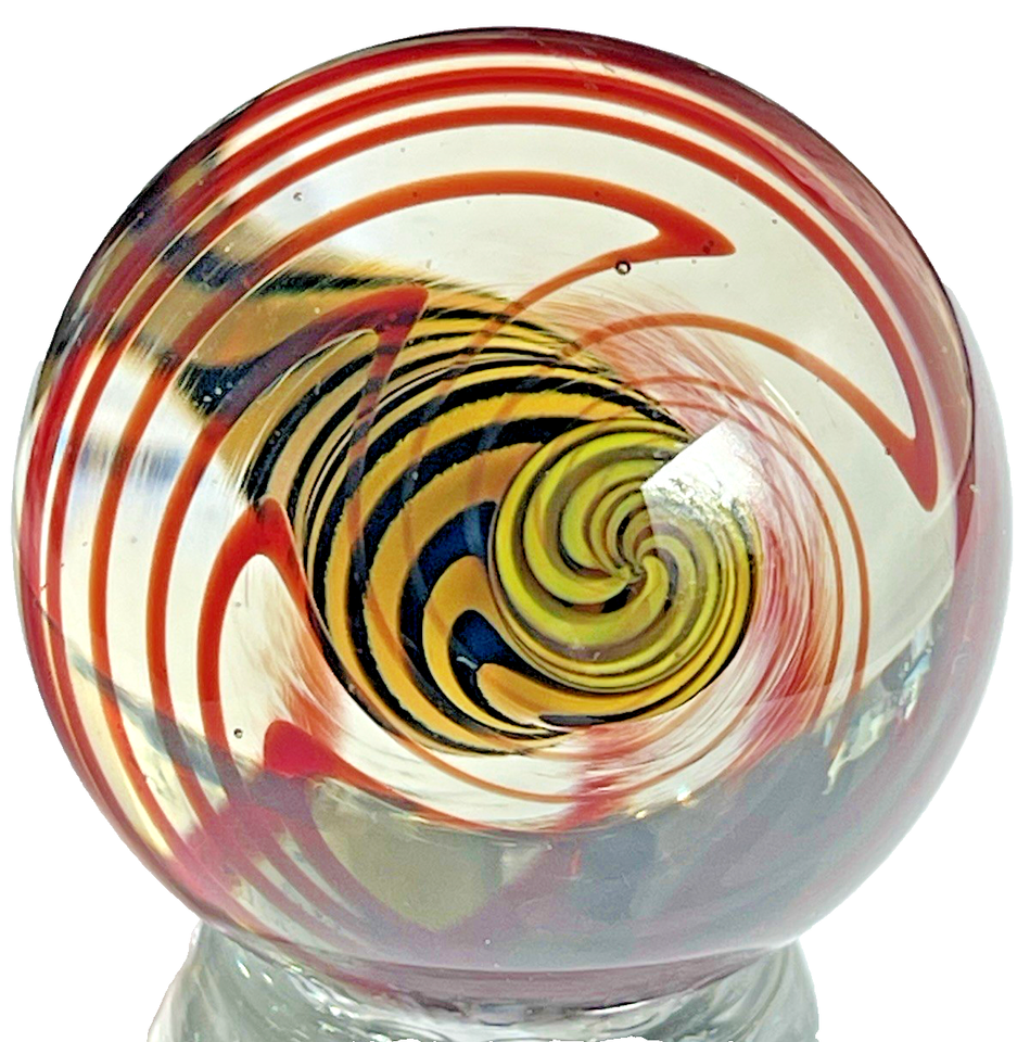 03 FRITZ LAUENSTEIN SIGNED MARBLE HANDMADE GLASS ART 1.53" YELLOW CORE ...