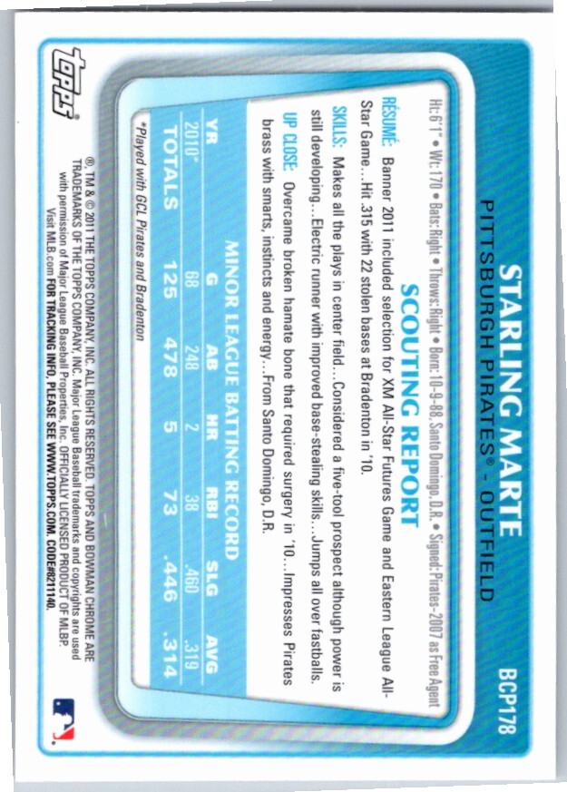 2011 Bowman Chrome Starling Marte Auto #BCP178 Q261 | eBay