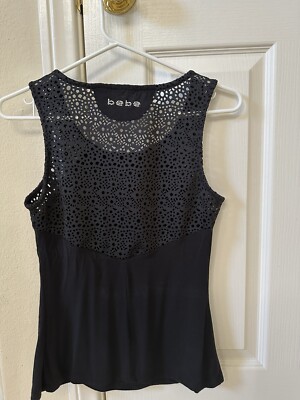 Bebe Rhinestone Bling Logo Tank Top Stretchy Jet Black Size Small | eBay