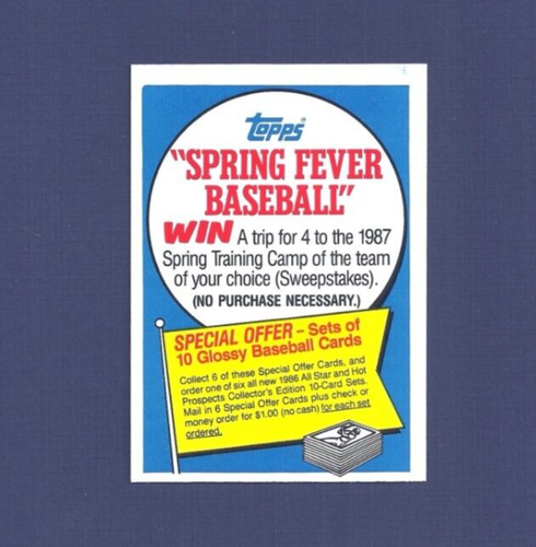 MLB 1986 Topps SPRING FEVER BASEBALL SWEEPSTAKES Insert Card | eBay