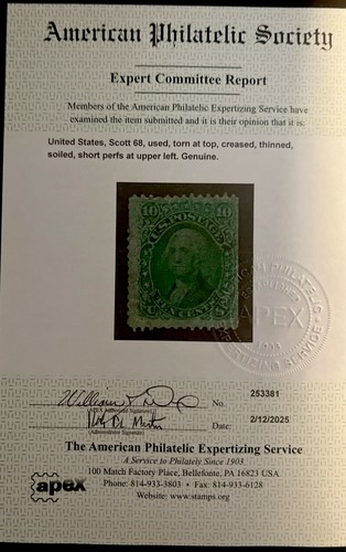 US Stamp Scott # 68 Green Ten Cent Washington - Used APEX Certificate ...