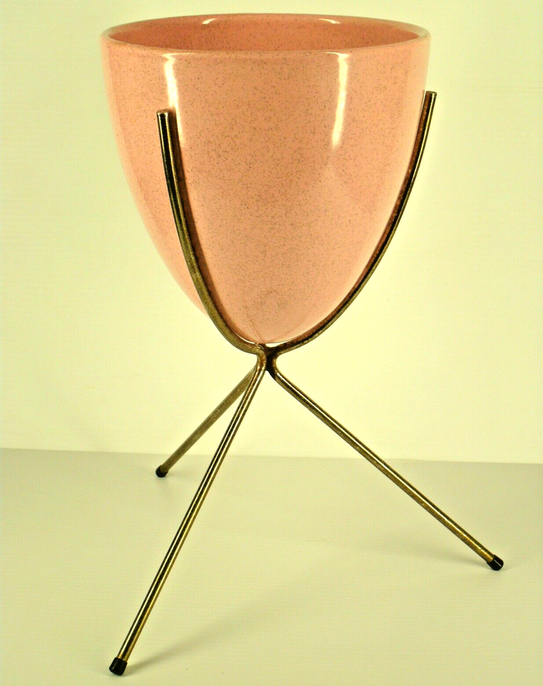 Vintage MCM Bullet Planter Pink Pottery Wire Tripod Stand | eBay