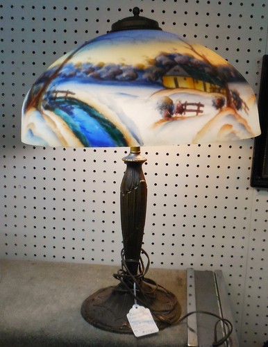 Pittsburgh reverse painted lamp of a snow scene without no age ...