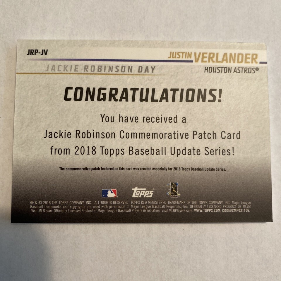 2018 TOPPS UPDATE JUSTIN VERLANDER JACKIE ROBINSON DAY PATCH JRP-JV ...