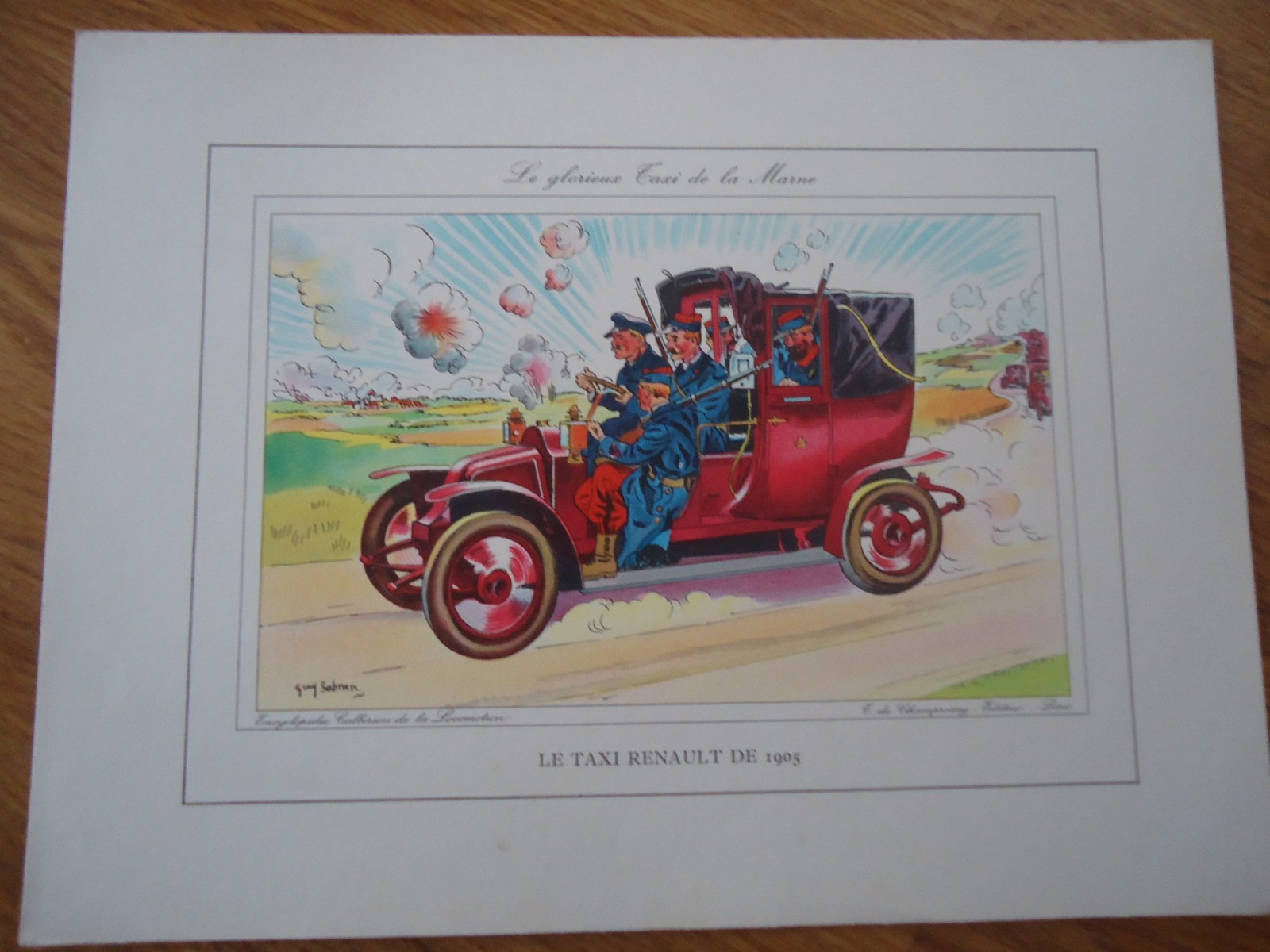 LITHOGRAPHIE GUY SABRAN ** TAXI RENAULT MARNE ARMEE ** VOITURE ...
