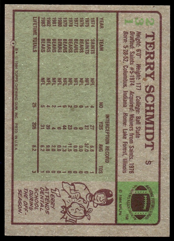 1984 TOPPS TERRY SCHMIDT CHICAGO BEARS #231 | eBay