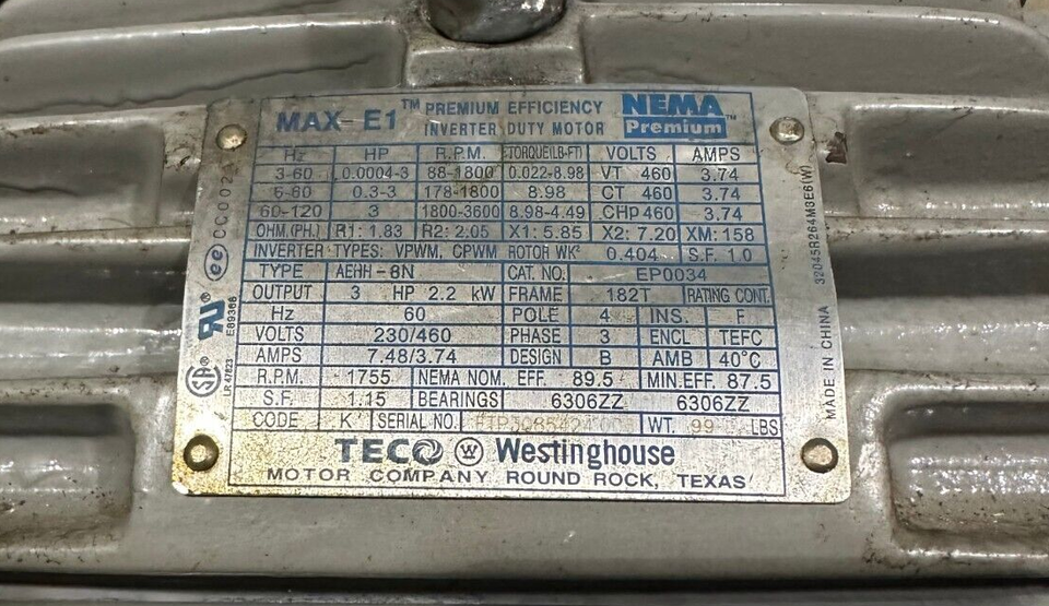 TECO WESTINGHOUSE EP0034 MAX-E1 NEMA PREMIUM MOTOR 2.2kW/3HP 60Hz AEHH-8N | eBay