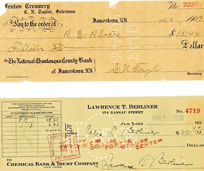 (2) Vintage Bank Checks - drawn on New York Banks, 1909 and 1936. X8 | eBay