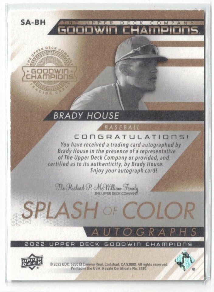 2022 UD Goodwin Champions Splash of Color RC AUTO Brady House! Rookie ...