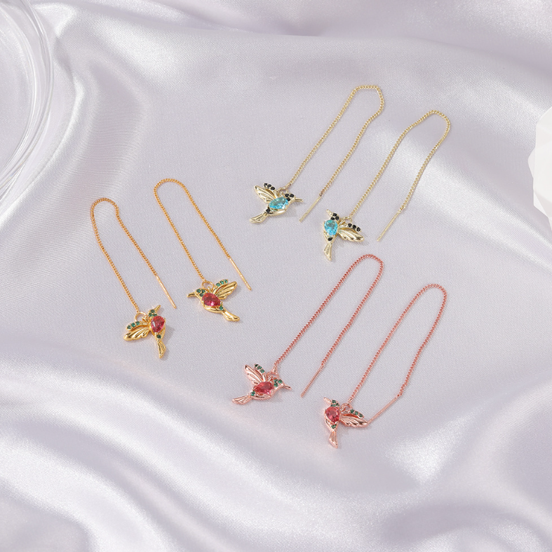 Women Girl Gold Tone Drop Hummingbird Bird CZ Earrings Stud Threader ...