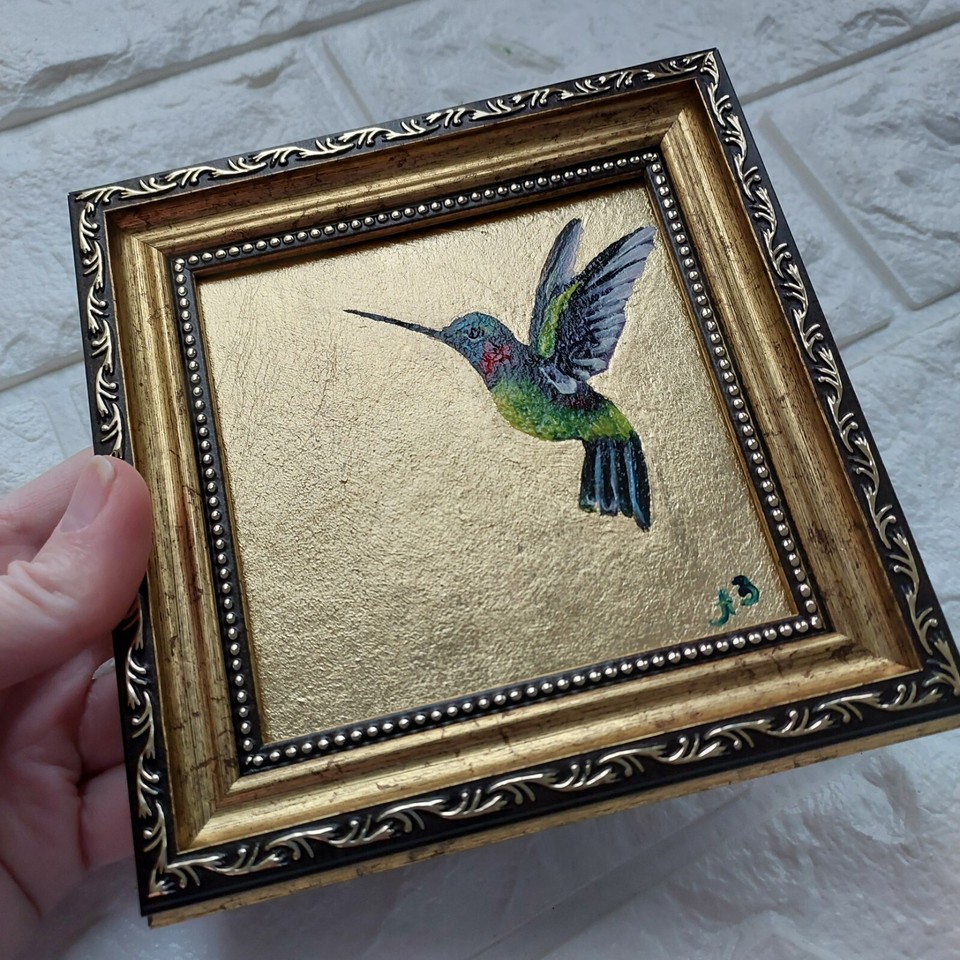 Hummingbird Bird Painting Art Gold Leaf Texture Hand Painted Framed ...
