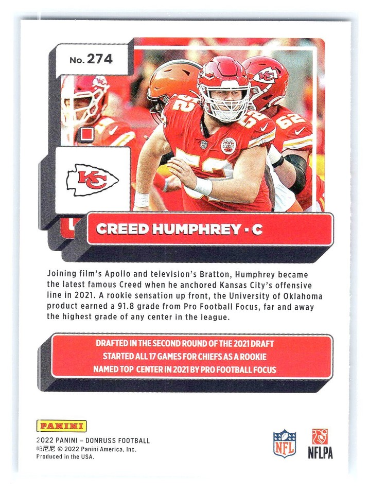 2022 Donruss Football #274 Creed Humphrey Kansas City Chiefs | eBay