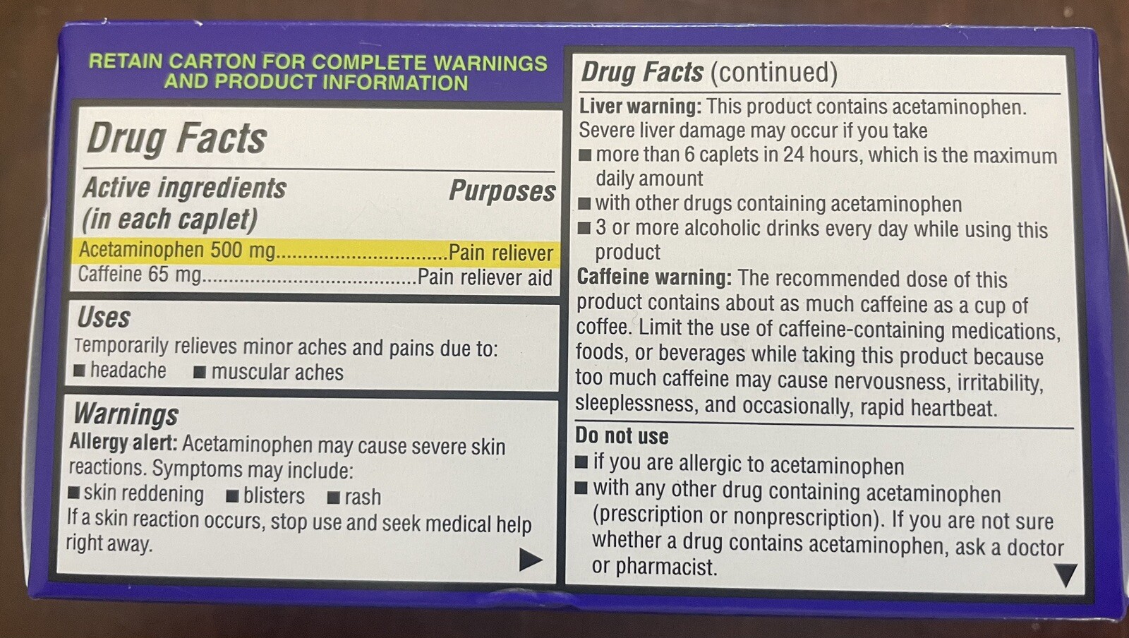 Tension Headache Relief Acetaminophen Compare to Excedrin 500mg Up&up ...