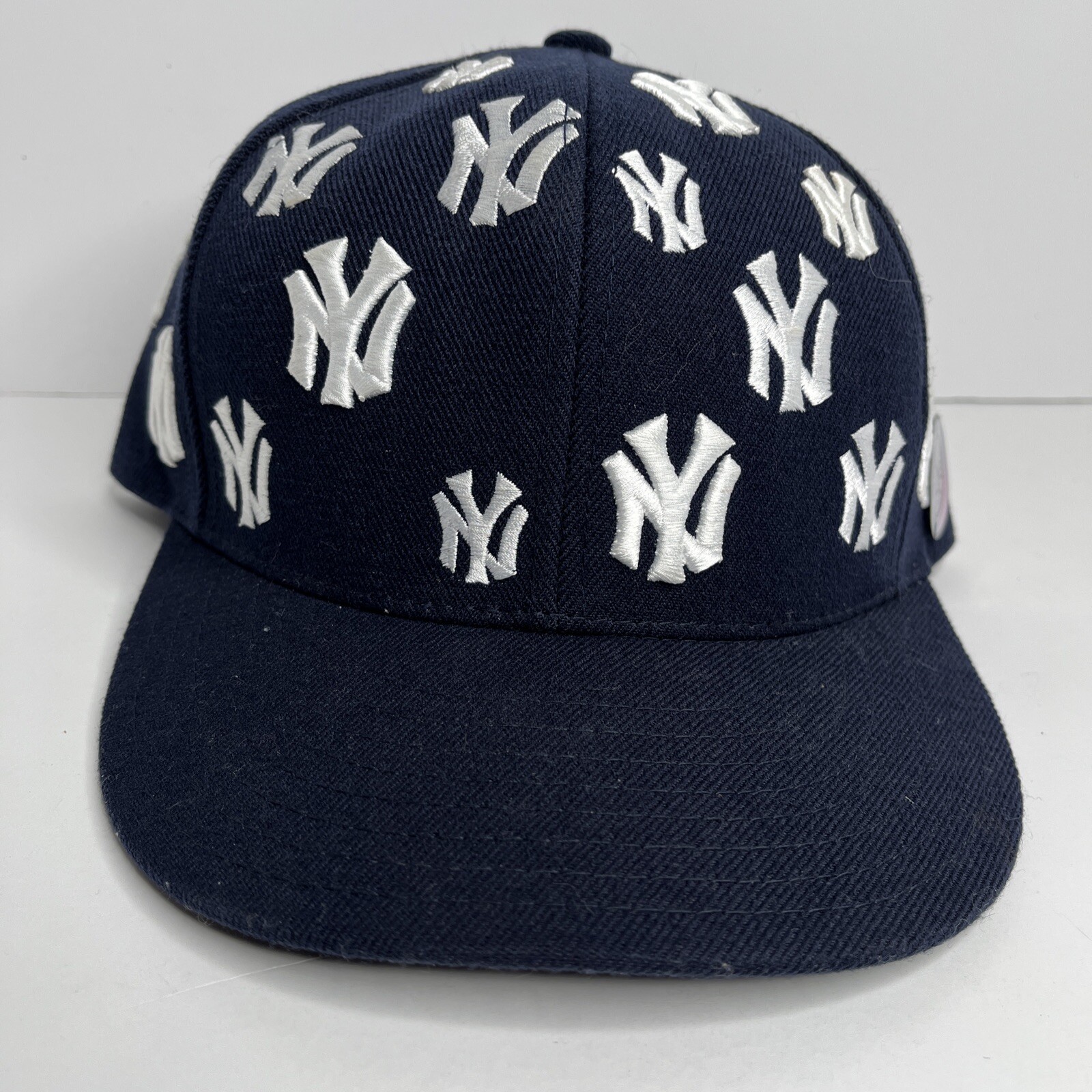 American Needle hat 7 3/8 NY Yankees All Over Logo Fitted Cap Blue | eBay