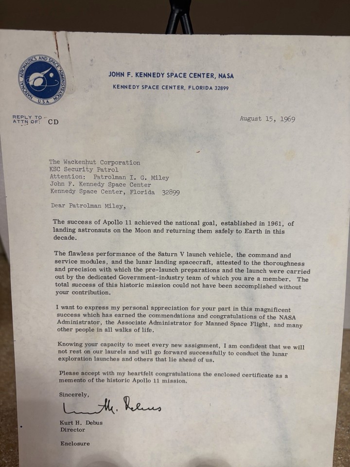 1969 Apollo 11 Kennedy Space Center Moon Land Appreciation Letter ...