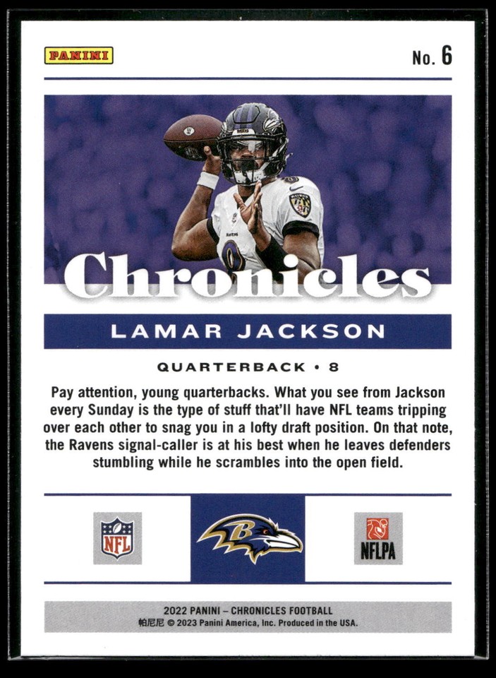 2022 Panini Chronicles Lamar Jackson BASE CARD Baltimore Ravens #6 | eBay