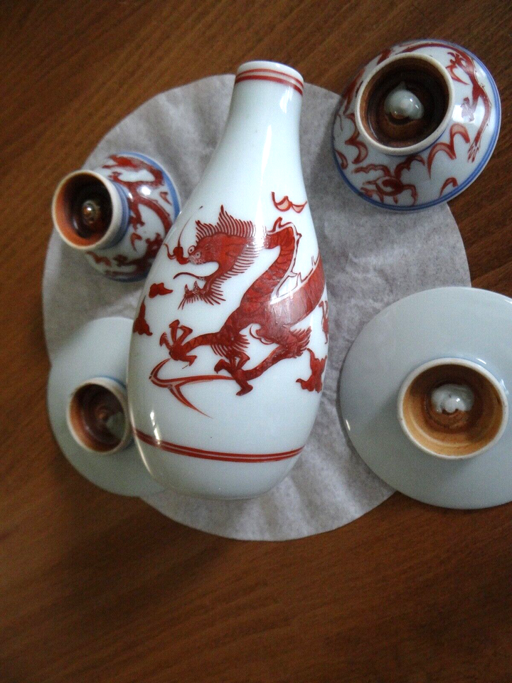 Vintage Japanese Porcelain Sake Set Dragon Decanter Cups Saucer 5 ...