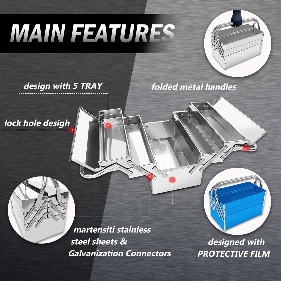 Metal Cantilever Tool Box, 3-Tier 5 Tray Fold Out Stainless Steel Tool ...