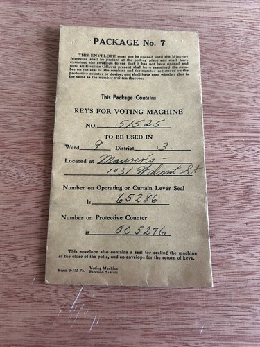 1949 Reading PA Election Voting Machine Empty Keys Package w/Receipt ...