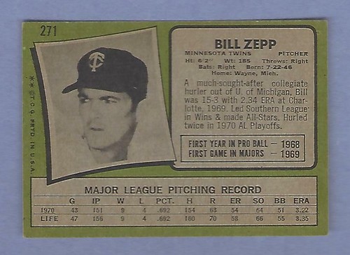 1971 Topps - #271 Bill Zepp - Minnesota Twins - ExMt | eBay