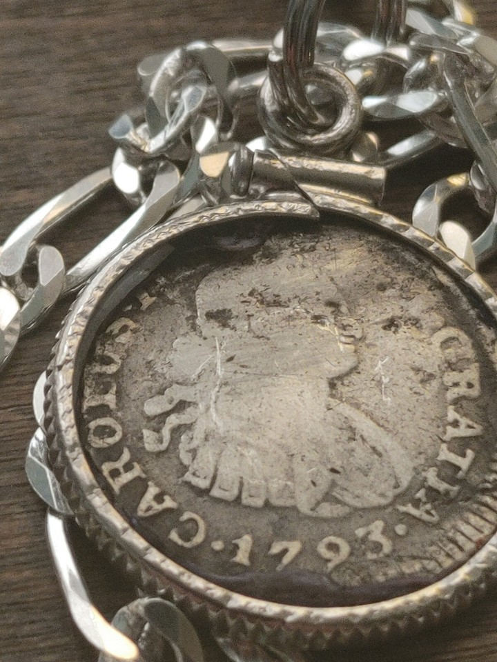 Peruvian Treasure 1793 Silver Half Reale Pendant 24" Silver Chain. w ...