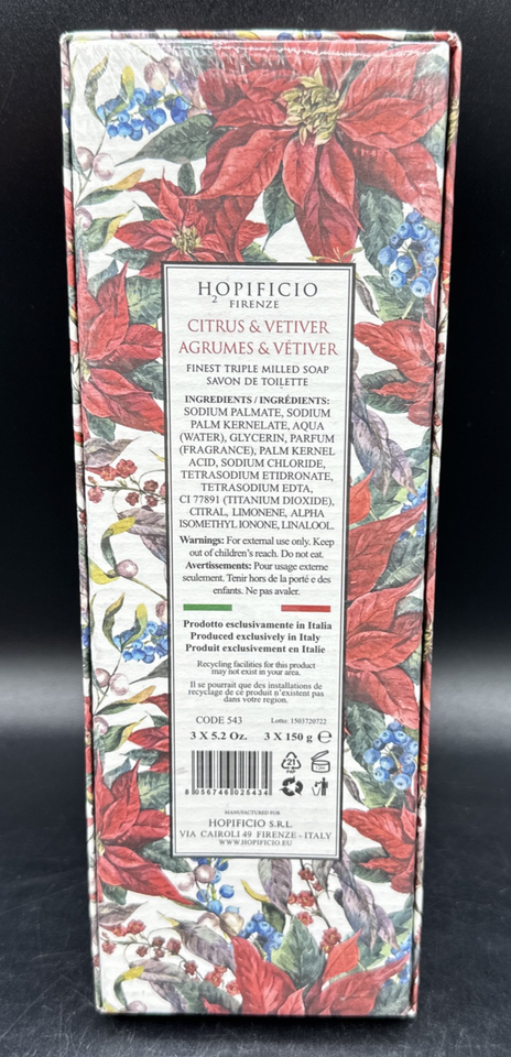 HOPIFICIO Firenze Citrus & Vetiver Box of 3 Triple Milled Soaps 3 x 5.2 ...
