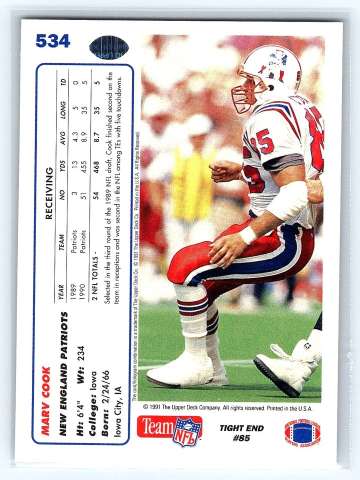 1991 Upper Deck #534 Marv Cook Football New England Patriots | eBay