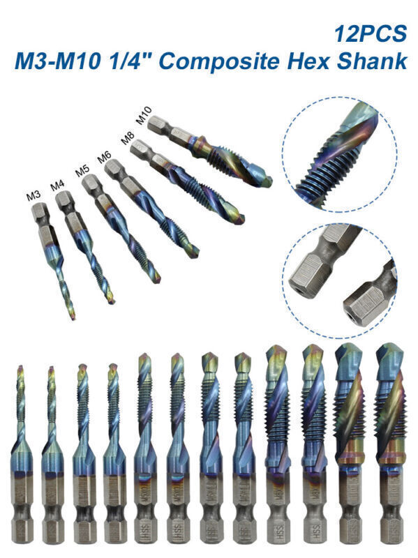 12PCS 1/4"M3-M10 Composite Hex Shank HSS Metric Screw Thread Tap Drill ...