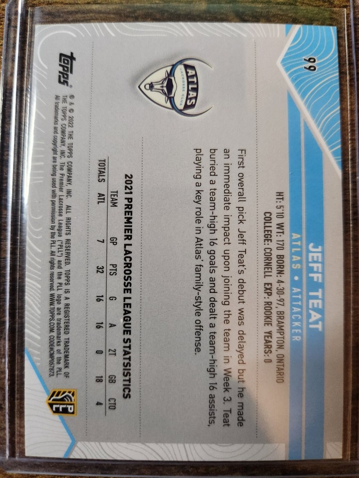 2022 Topps PLL Premier Lacrosse Jeff Teat #99 Atlas | eBay