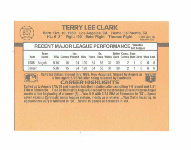 Terry Clark California Angels Pitcher #607 Donruss 1989 #Baseball Card ...