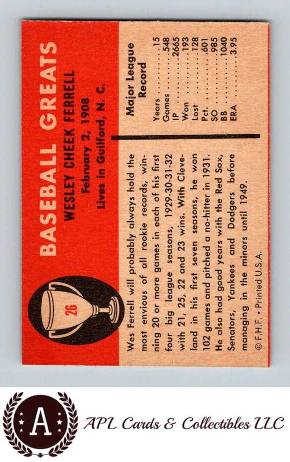1961 Fleer Baseball Greats #26 Wes Ferrell | eBay