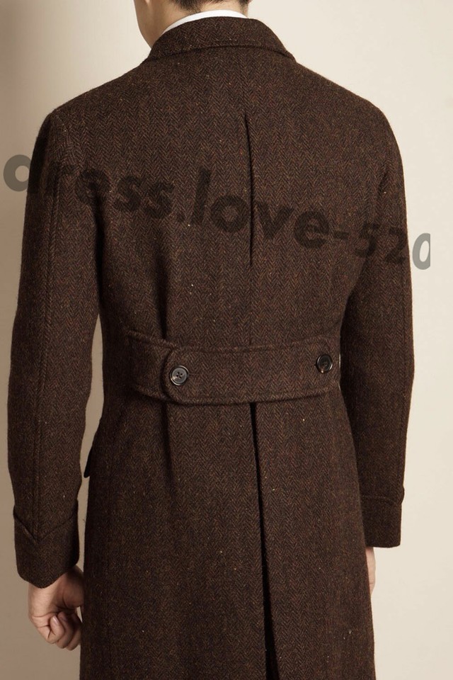 Brown Herringbone Long Jacket Double-breasted With Back Belt Men Formal ...