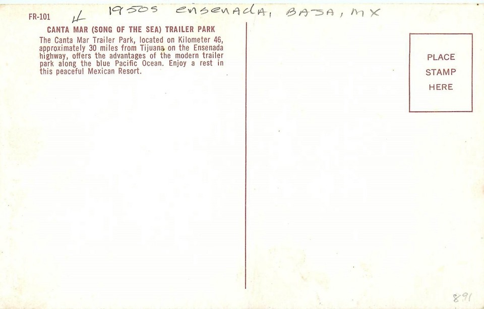 1950s Ensenada Baja Mexico Cana Mar Trailer Park beach autos Postcard ...
